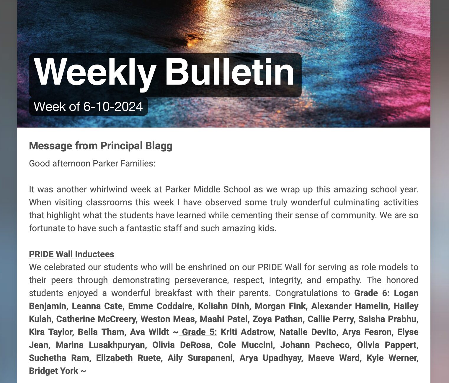 Parker Middle School Weekly Bulletin: Week of June 10, 2024 - Parker ...